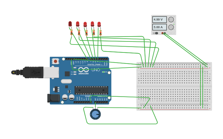 Circuit design 5LED volume control - Tinkercad