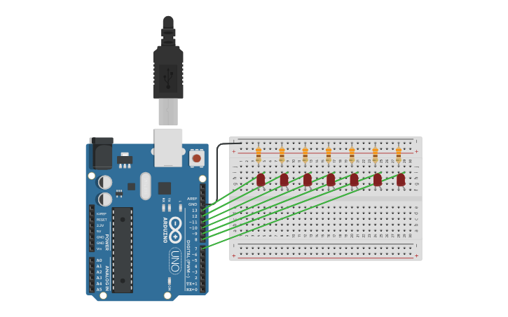 Circuit design 7 FLashing LEDS - Tinkercad