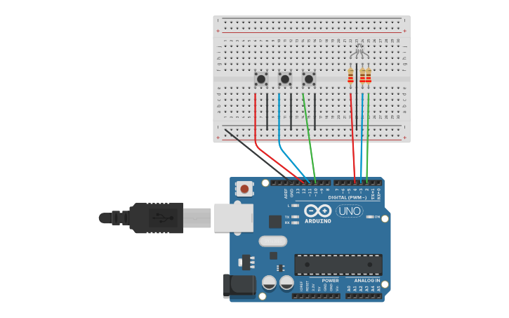 Circuit design 3 pulsadores led RGB - Tinkercad