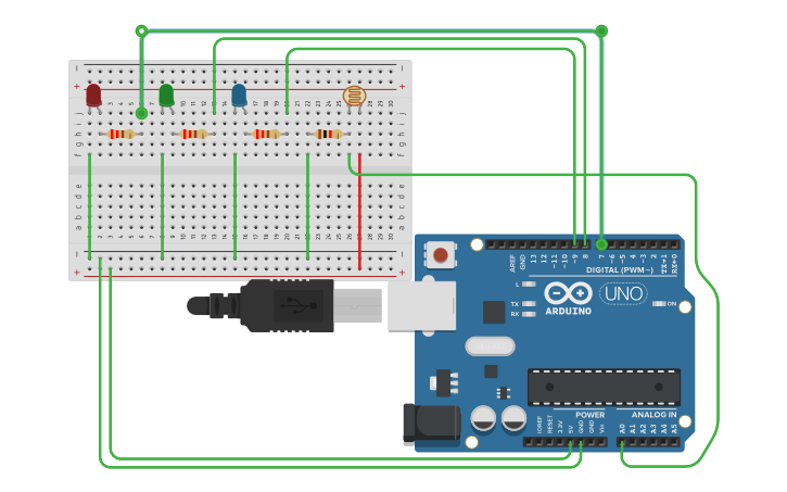 Circuit design Projeto Sensor de cores - Tinkercad