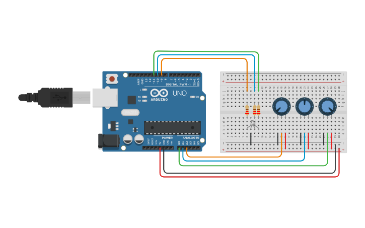 Circuit design Prática 3 led RGB - map | Tinkercad