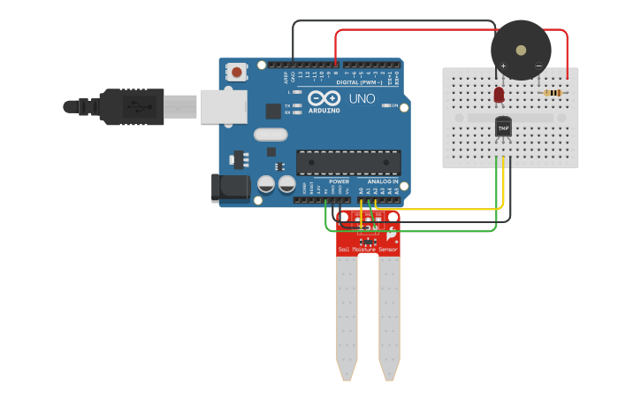 Circuit design Temperature and soil moisture sensor - Tinkercad