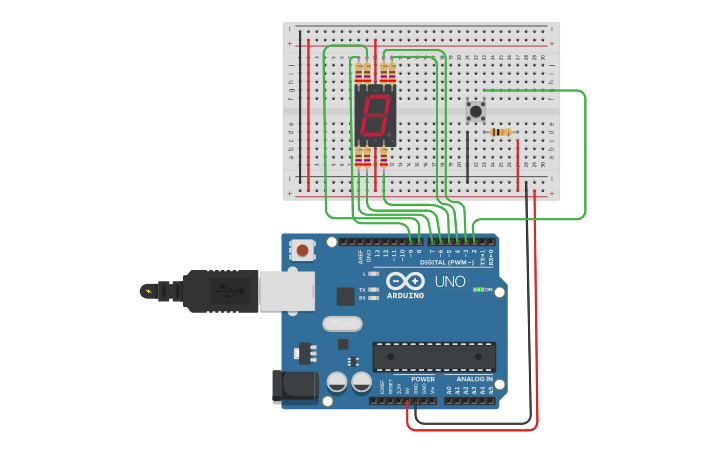Circuit design 7 segmentos y Boton Decremento - Tinkercad