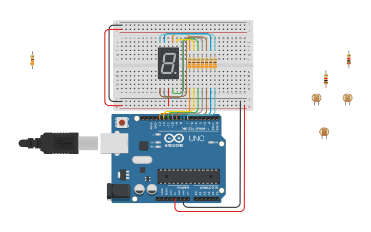 Circuit design display de sete seguimentos - Tinkercad