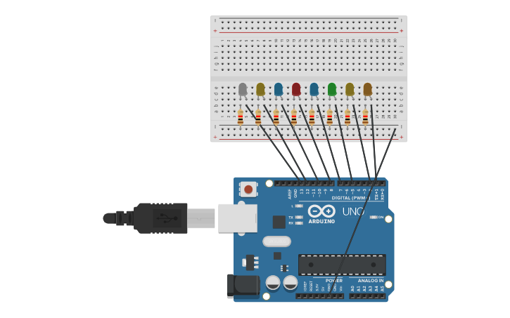 Circuit design Reto encender 8 bombillos led | Tinkercad
