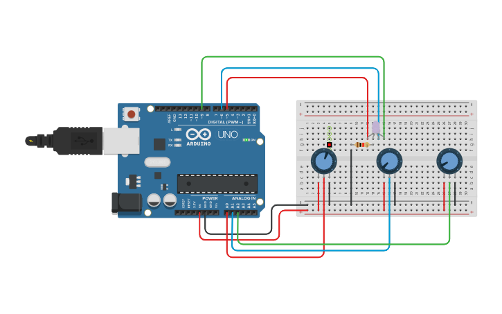 Circuit design RGB Potentiometer - Tinkercad
