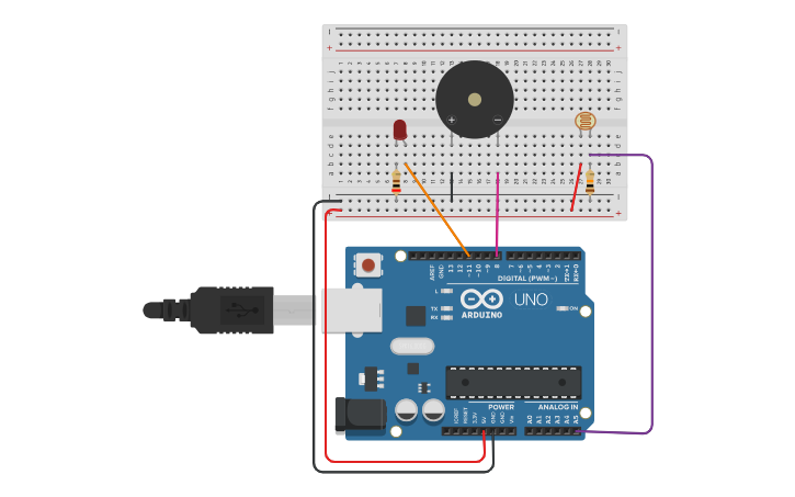 Circuit design Activity04-LED-LDR-Buzzer - Tinkercad