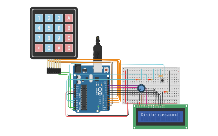 Circuit design control de acceso con teclado y pantalla LCD. - Tinkercad