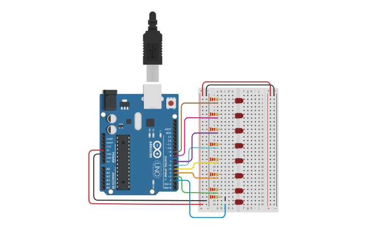 Circuit design Secuencial LED con FOR - Tinkercad
