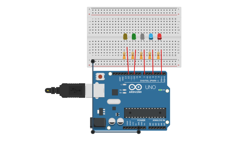 Circuit design Secuencia 5 leds - Tinkercad