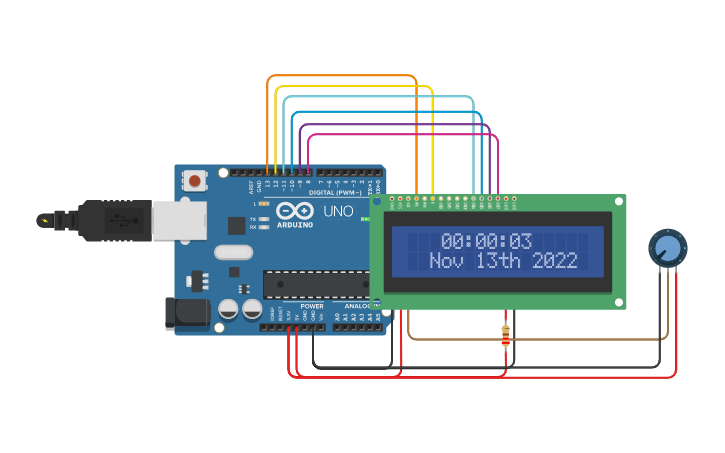 Circuit design LCD digital clock with date - Tinkercad
