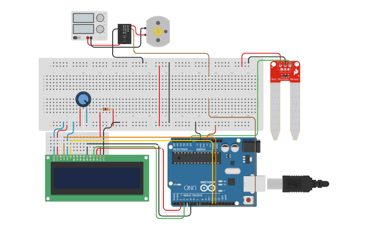 Circuit design Sensor de humedad con sistema de riego - Tinkercad