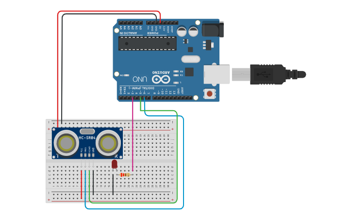 Circuit design sensor ultrasonico con un led - Tinkercad