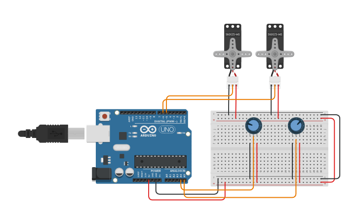 Circuit design Servos controlled with joystick - Tinkercad