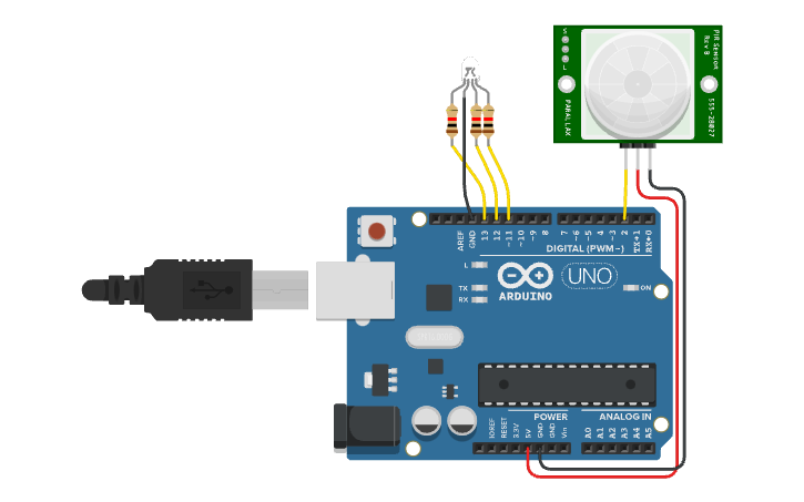 Circuit design PIR SENSOR + 3 COLOR LED | Tinkercad