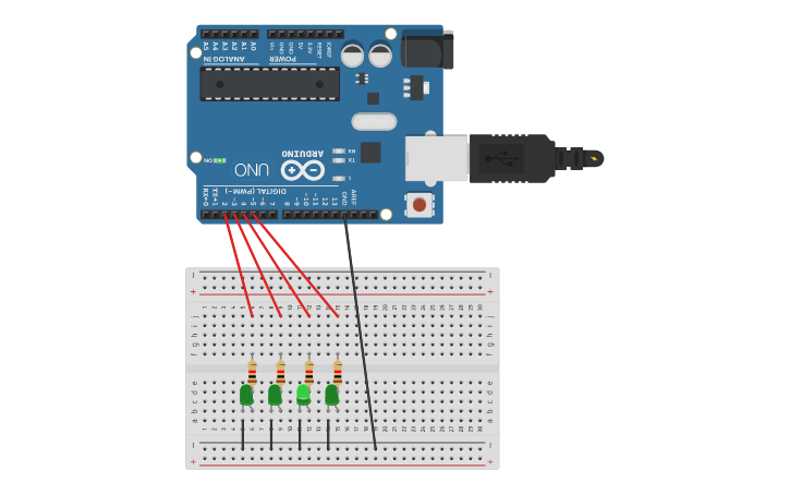 Circuit design EX12 - Counting to 15 in binary using LED - Tinkercad