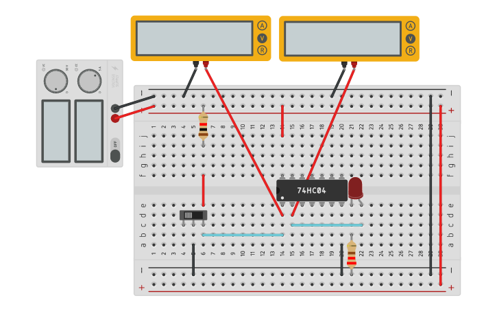 Circuit design Compuerta NOT 74HC04 | Tinkercad