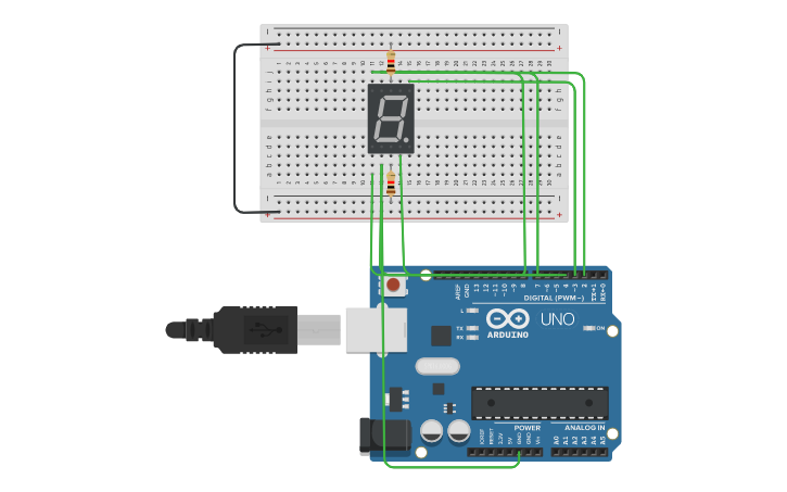 Circuit design 3. Seven Segment Display (221910308057) - Tinkercad