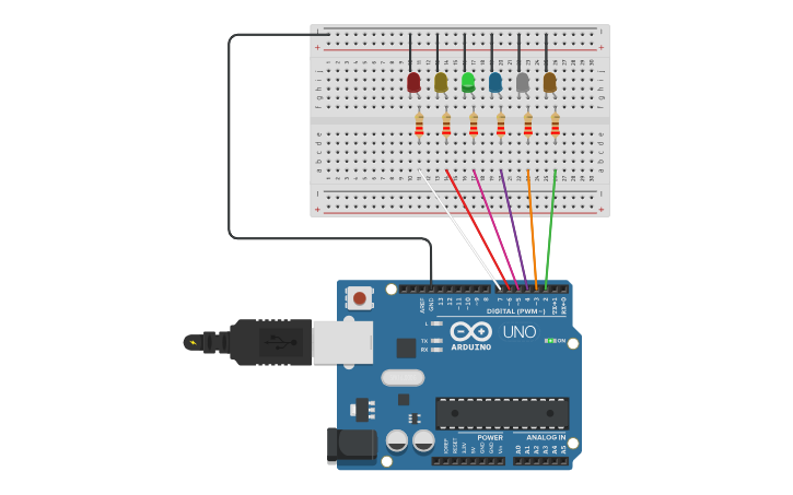 Circuit design 6ledscontinuos - Tinkercad