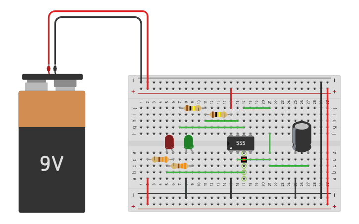 Circuit design 555 timer with 2 blinking LEDs - Tinkercad