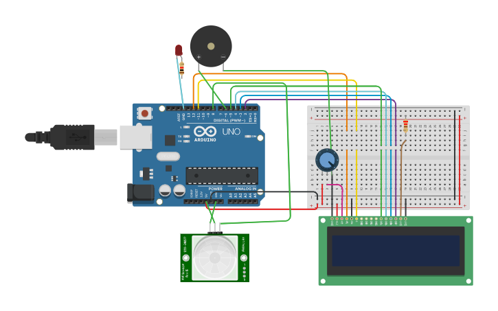 Circuit design Pir Sensor,Lcd dan Piezo pada Arduino - Tinkercad