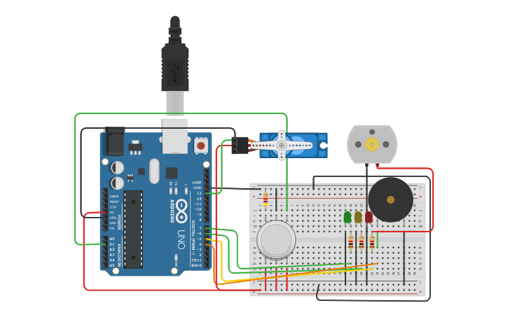 Circuit design smoke detector with turbine & Automatic Gate - Tinkercad