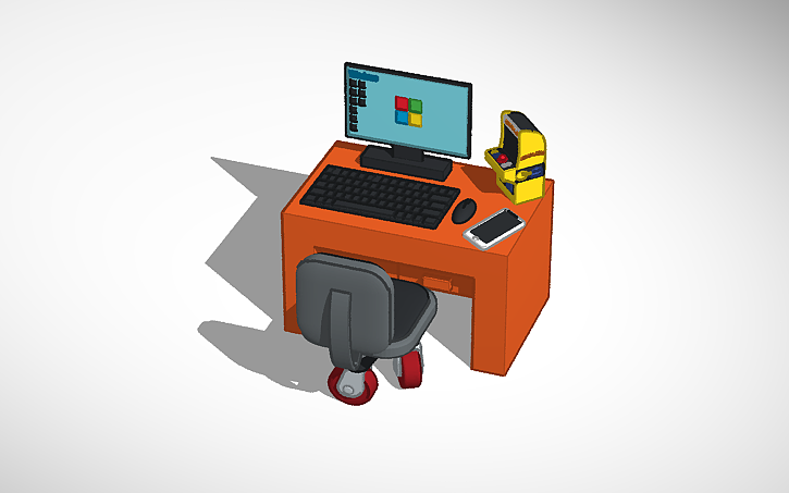 3d Design Desk With Chair Computer Phone And Arcade Game Tinkercad