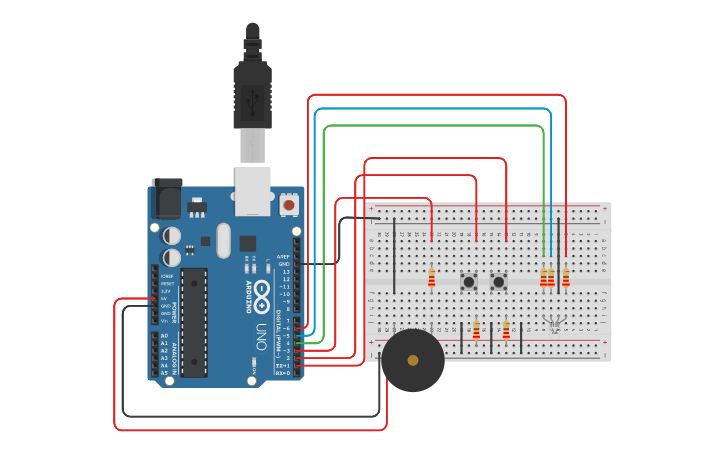 Circuit design Buzzer RGB LEDS | Tinkercad