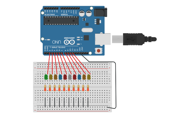 Circuit design 10 LED - Tinkercad