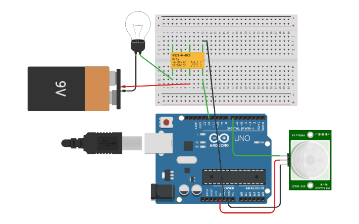 Circuit design PIR sensor and relay - Tinkercad