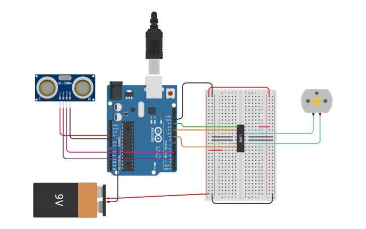 Circuit design Distance sensor + DC motor - Tinkercad