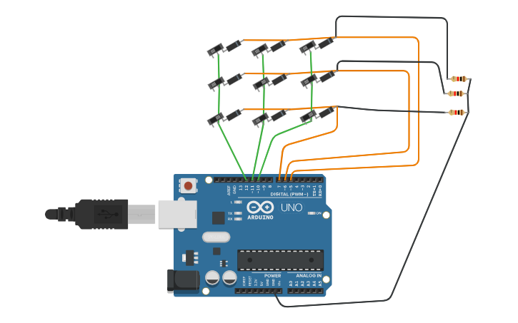 Circuit design 3x3 switches matrix - Tinkercad
