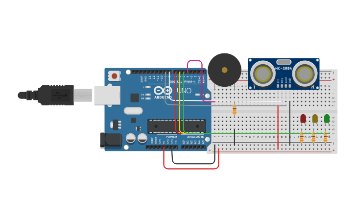 Circuit design Sensor ultrasonico con leds y buzzer - Tinkercad
