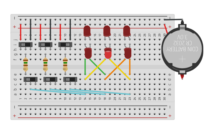 Circuit design charlieplexing - manual, 3 pins, with disconnections - Tinkercad