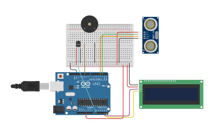 Circuit design 온도 및 초음파센서 + LCD 부저 실습 | Tinkercad