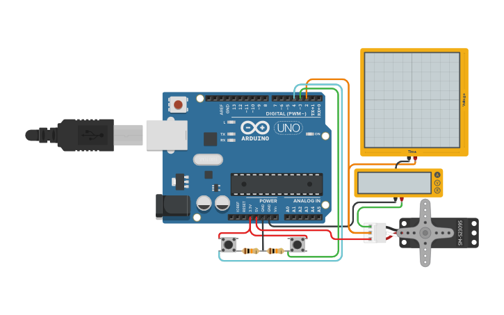 Circuit design servo et boutons poussoirs | Tinkercad