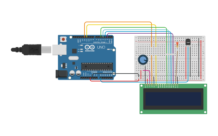 Circuit design Sensor TMP 36 + Display 16x2 | Tinkercad