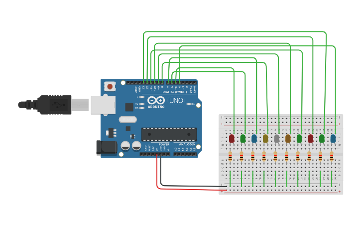 Circuit design 10 LEDS Arduino UNO - Tinkercad