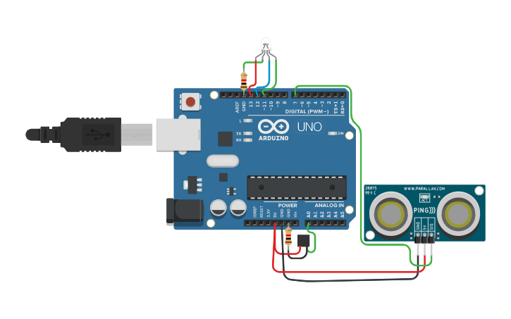 Circuit design Tilt sensor e sensor ultrasônico | Tinkercad