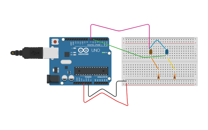 Circuit design encender dos led - Tinkercad