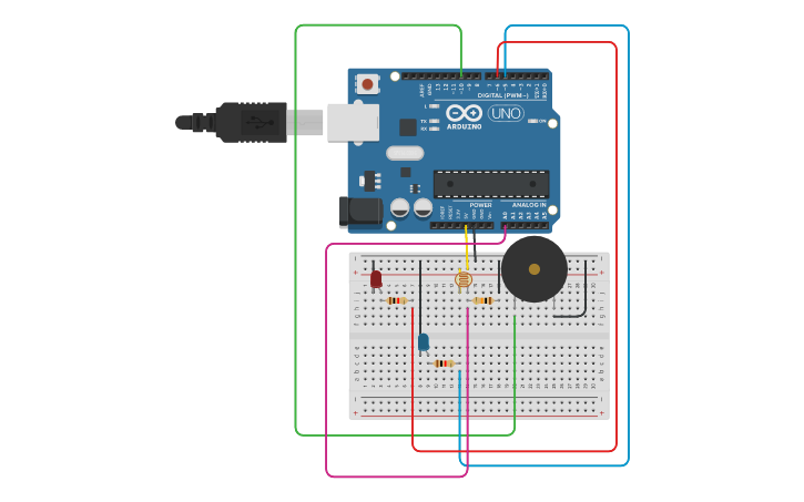 Circuit design Sensor, Buzzer e Led | Tinkercad