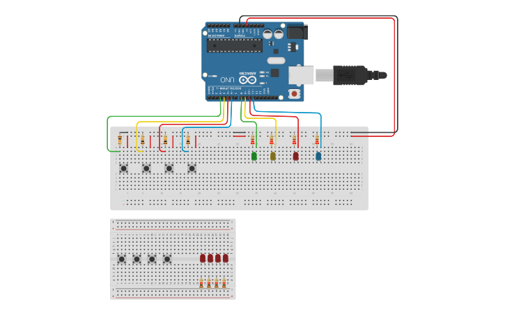 Circuit design Genius com 4 LED's - Tinkercad