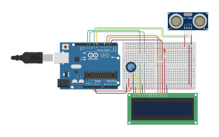 Circuit design Afficher la valeur d'un HC-SR04 sur écran LCD 16x2 avec Arduino - Tinkercad