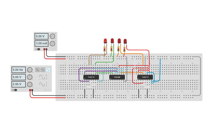 Circuit design Copy of 4 bit synchronous up counter using JK flip flops - Tinkercad