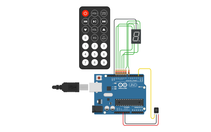 Circuit design Arduino | IR+7 segment indicator - Tinkercad