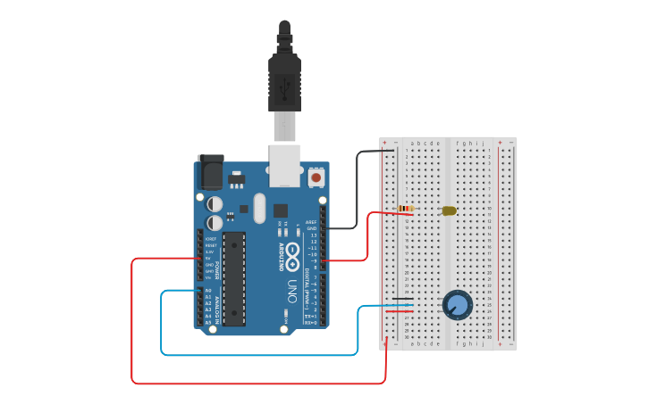 Circuit design Potentiometer with LED Reading - Tinkercad