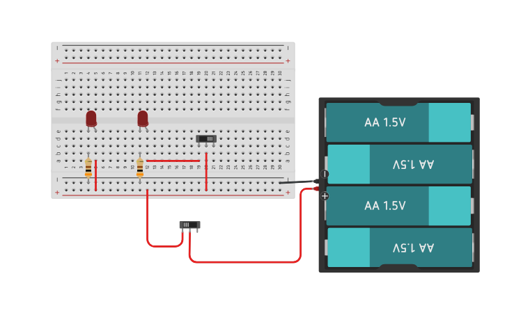 Circuit design 2 Led's and 6v battery - Tinkercad