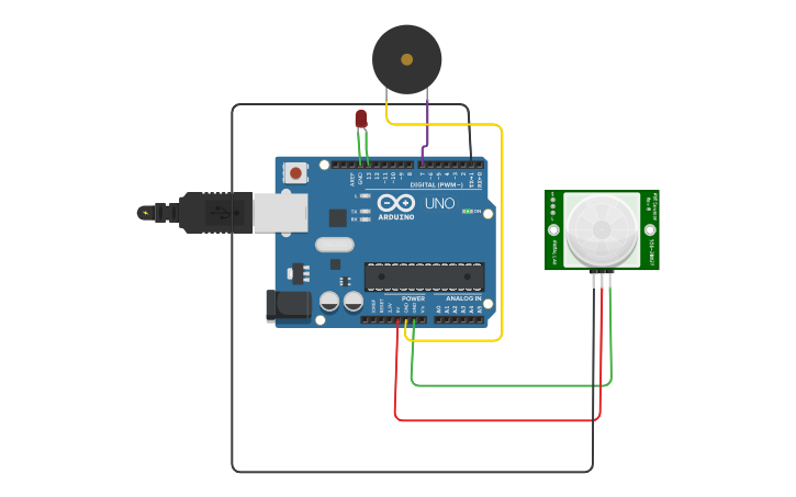 Circuit design Buzzer and Led | Tinkercad