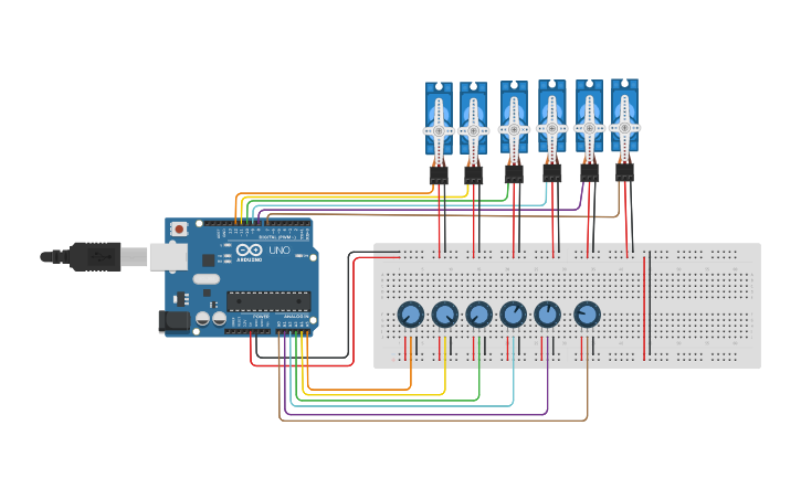 Circuit Design Multi Servo Motors With Potentiometers Tinkercad