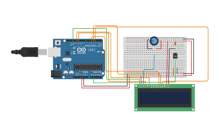 Circuit design Temperature Sensor Interfacing display theof temperature on LCD | Tinkercad